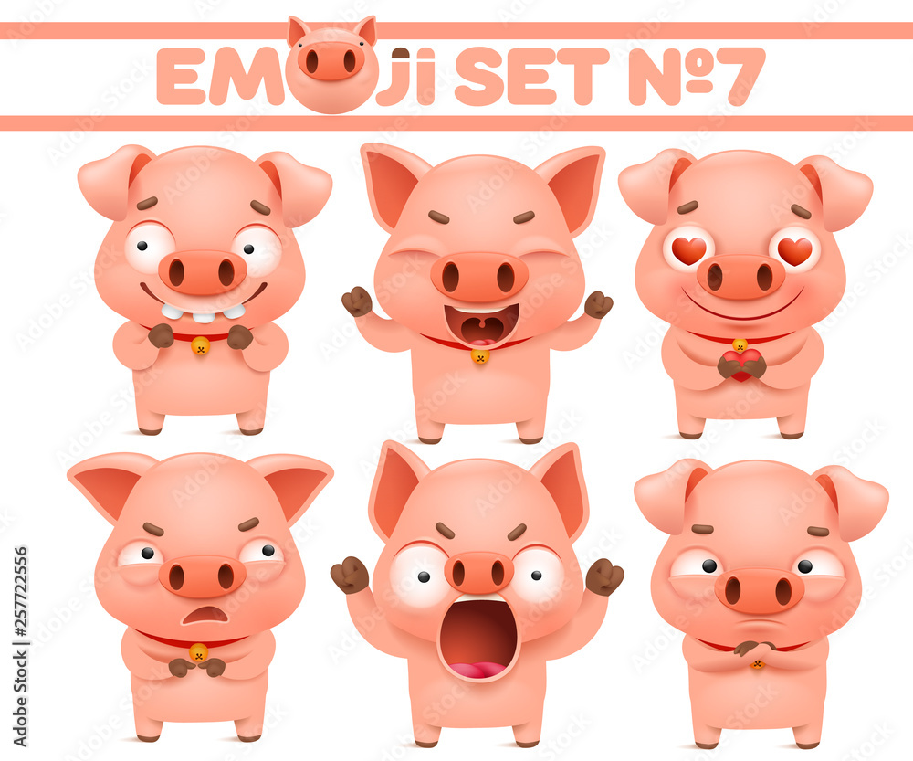 Set of cute pig cartoon emoticon characters in various emotions. Stock ...