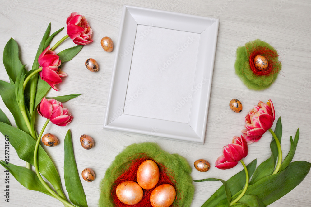 Easter mockup. Colorful festive card. Spring blossom with red tulips ...