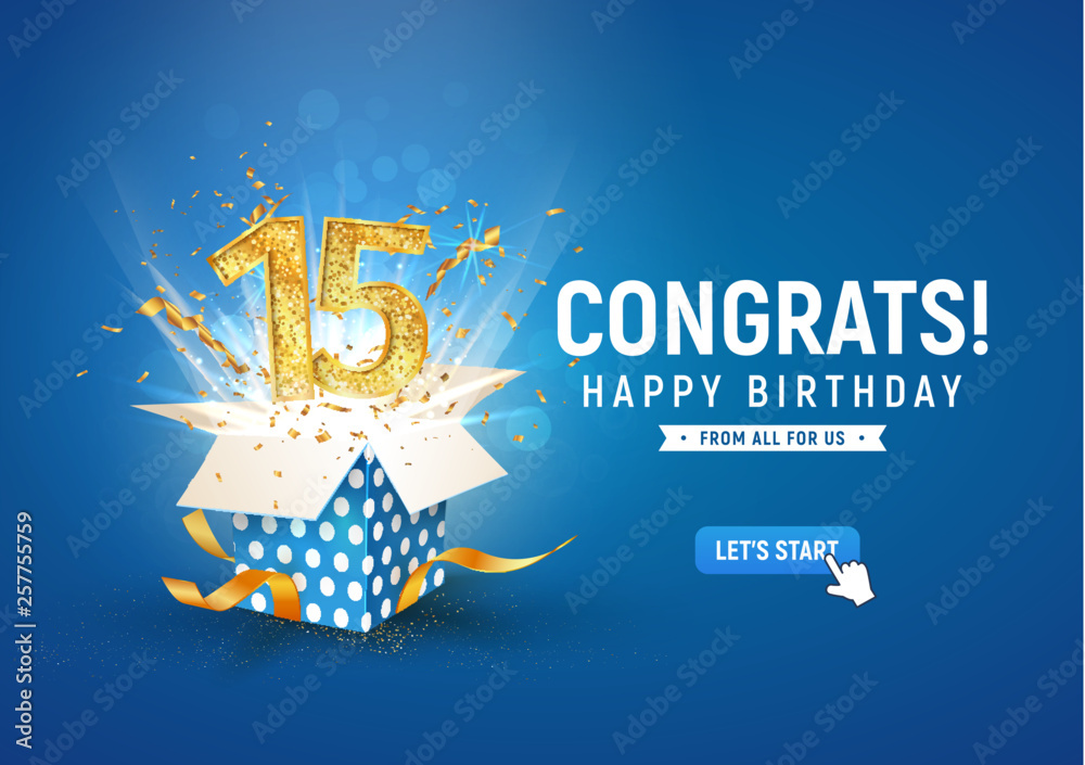 15 th years anniversary banner with open burst gift box. Template ...