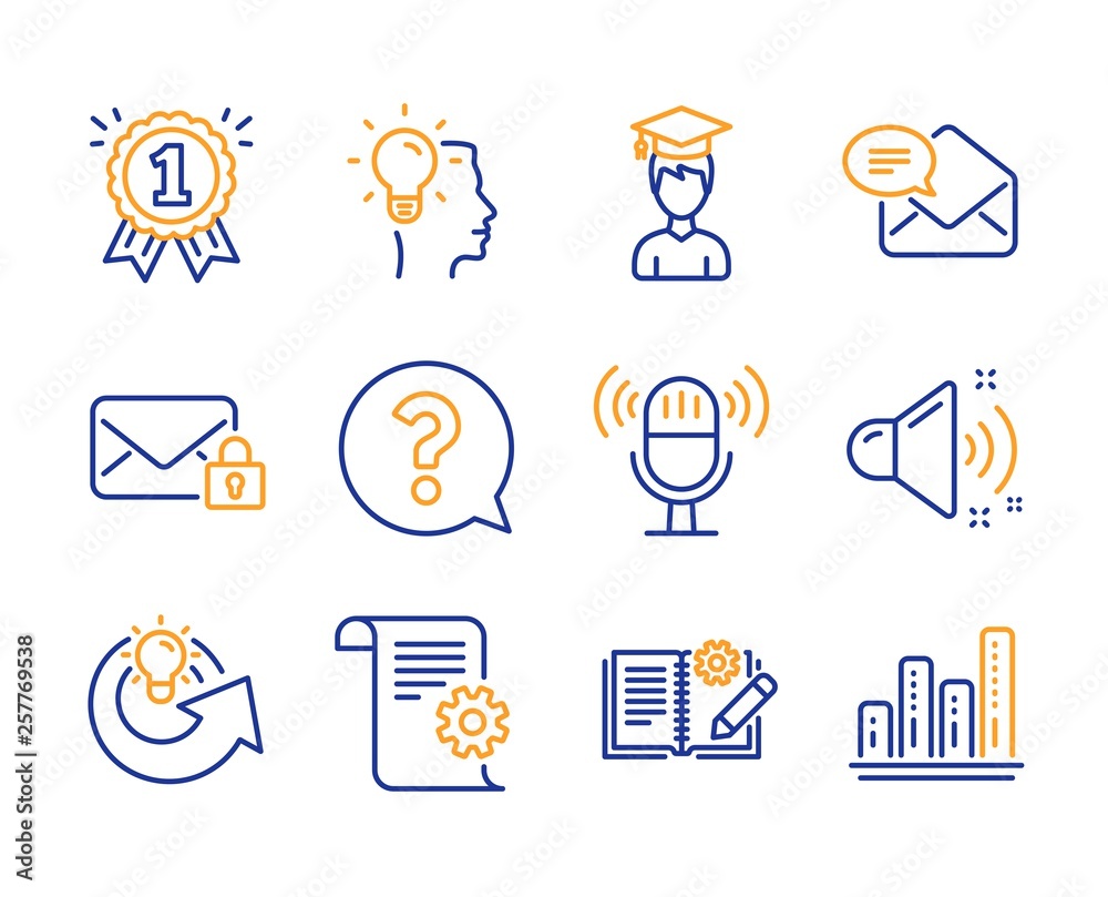 Share idea, Technical documentation and Loud sound icons simple set. Student, Secure mail and ...