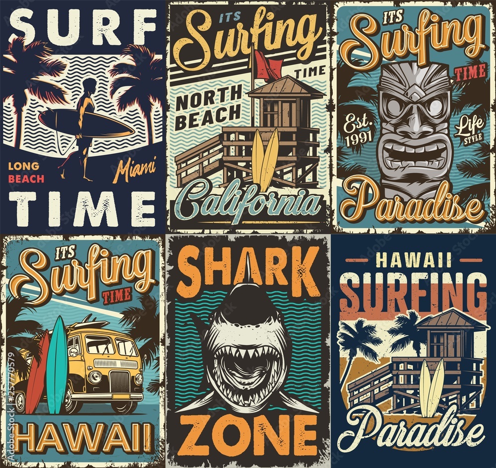 Vintage colorful surfing posters set Stock Vector | Adobe Stock