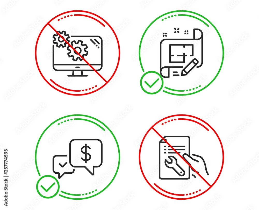 Do or Stop. Payment received, Settings and Architect plan icons simple set. Repair document sign ...