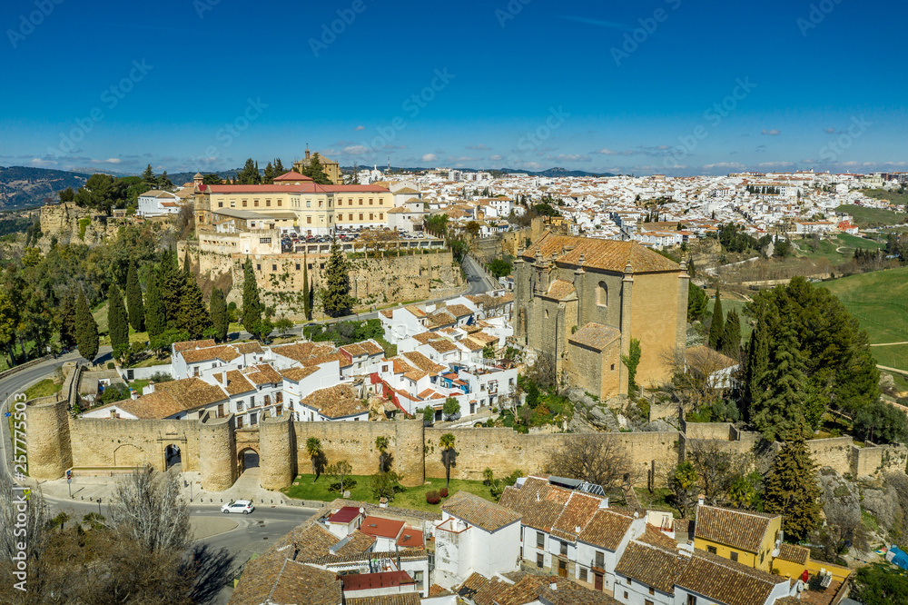 Ronda Spain aerial view of medieval hilltop town surrounded by walls ...