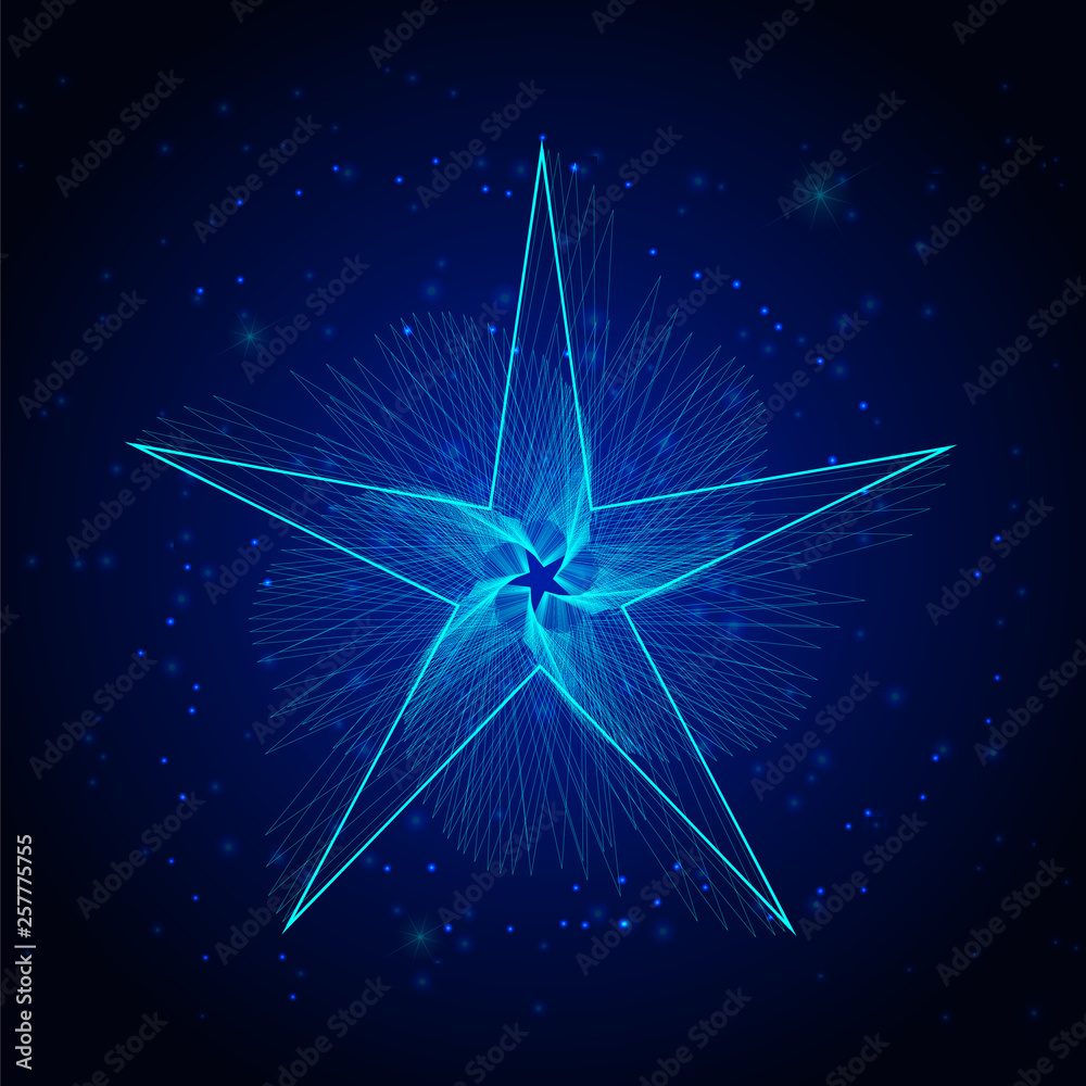 Blue neon star of interweaving lines with glitter and radiance ...