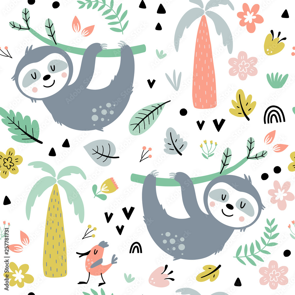 Seamless background with cute sloths Stock Vector | Adobe Stock