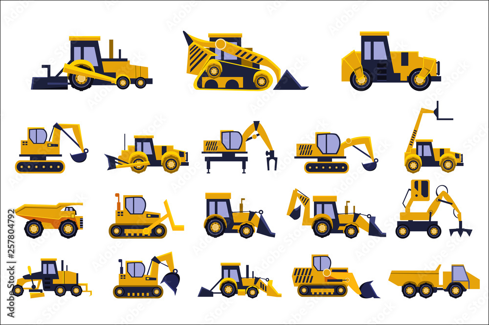Different types of construction trucks set, heavy equipment ...