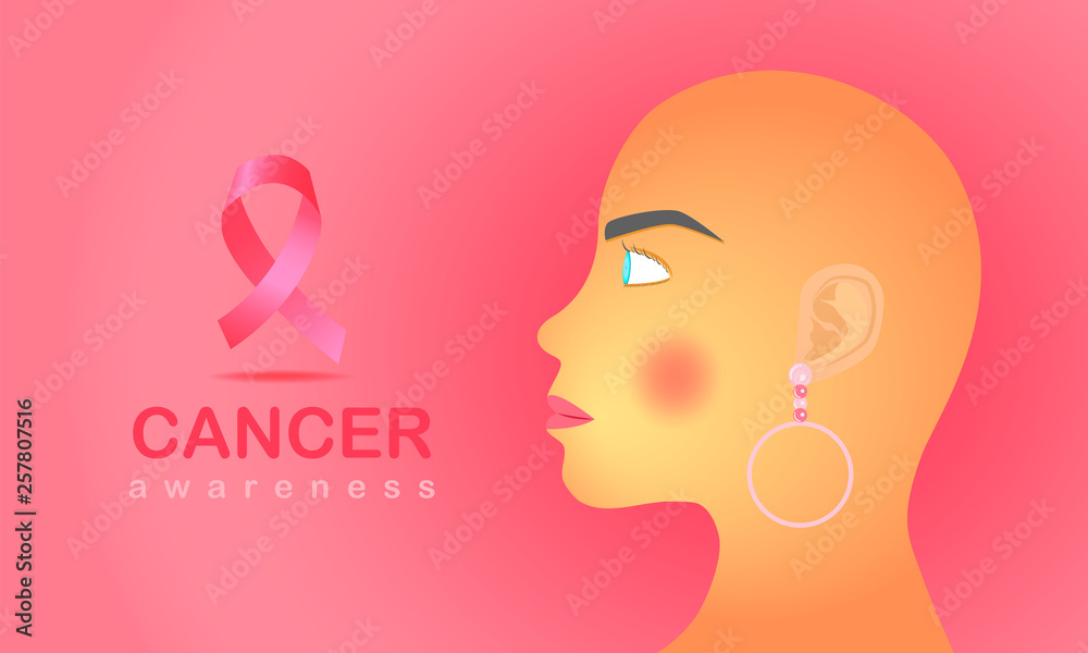 female with cancer indoors side view. ribbon and text for care all ...