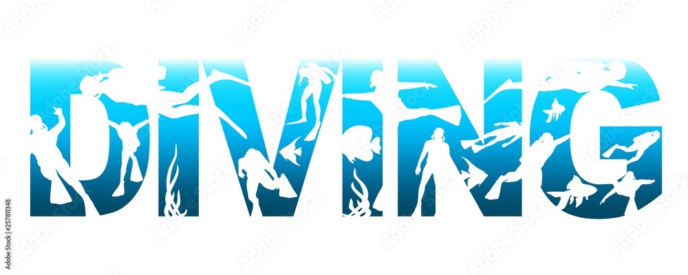 Diving word with silhouettes of diver. The concept of sport diving ...