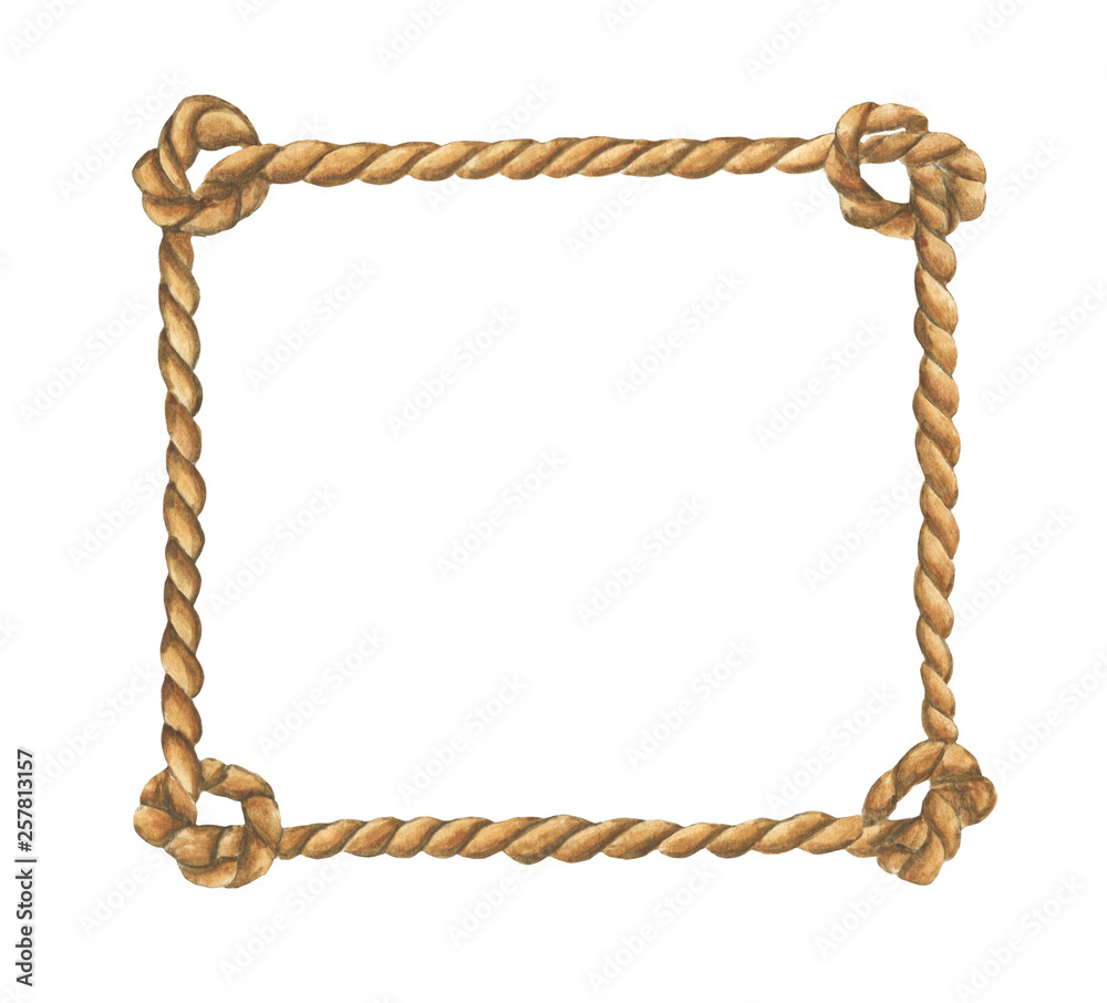Watercolor painting of Brown rope frame with knots isolated on white ...