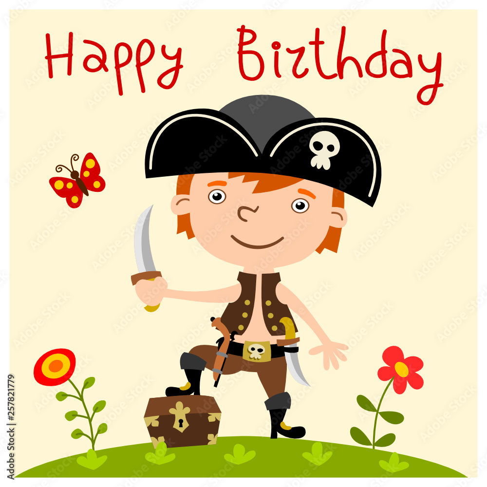 Happy birthday - greeting card with funny pirate in cartoon style ...
