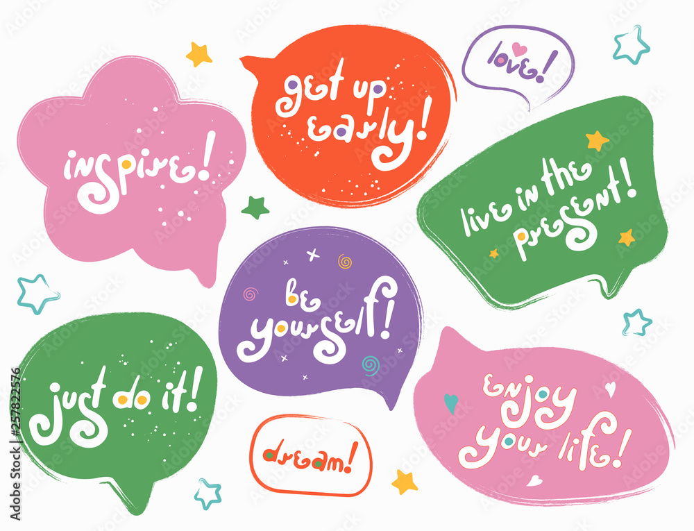 Colorful speech bubbles set with lettering phrases. Stylized slogan ...