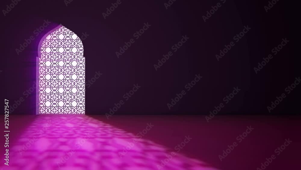Islamic interior mosque window or door with beam of ray light coming ...