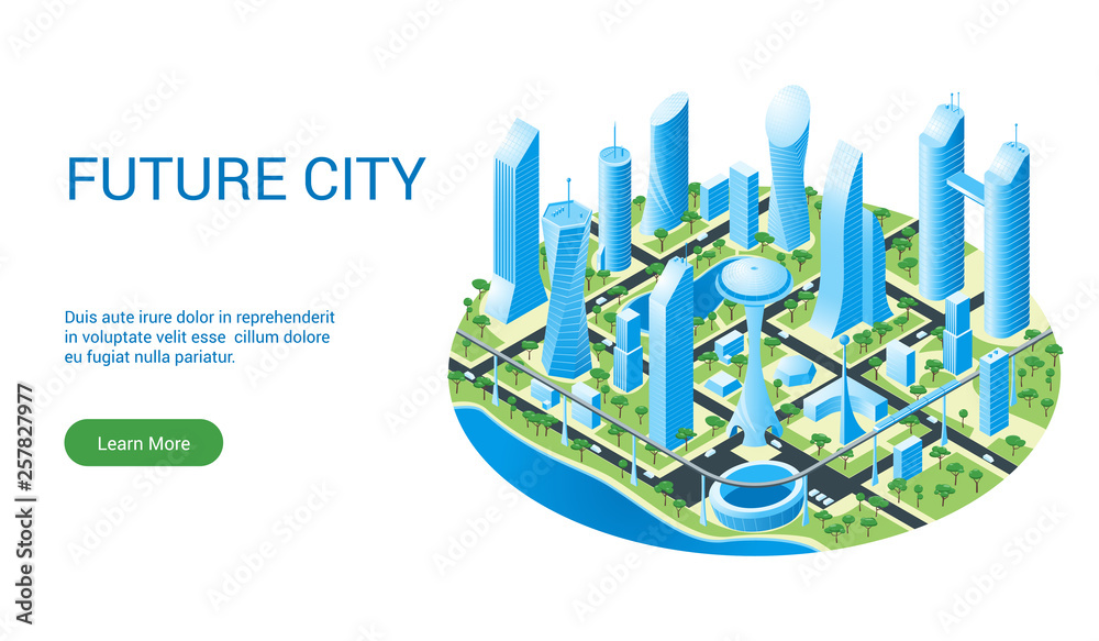 Isometric landing page template for futuristic cityscape. Vector ...