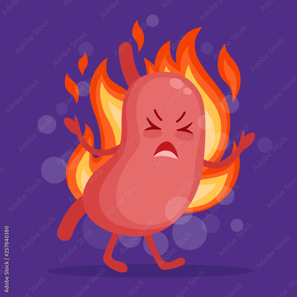 Stomach heartburn cartoon character in flat design. Epigastric burning ...