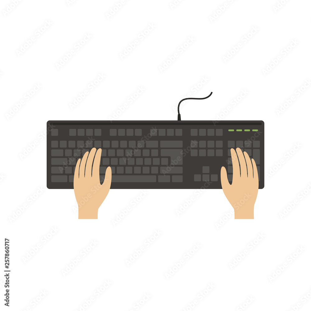 Hands on computer keyboard, working place with hands, top view vector ...