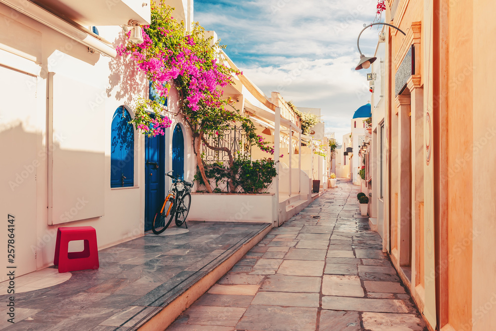 Picturesque street view of Oia on the island Santorini, Greece Stock ...