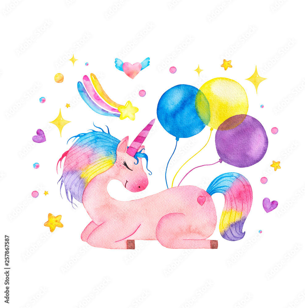 Watercolor cute magic pink unicorn with balloons, rainbow and star ...