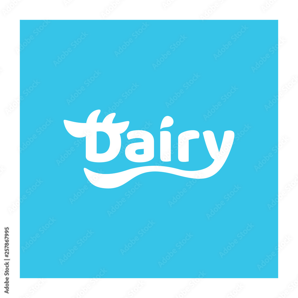 White vector dairy logo on blue background. Vector icon for milk ...