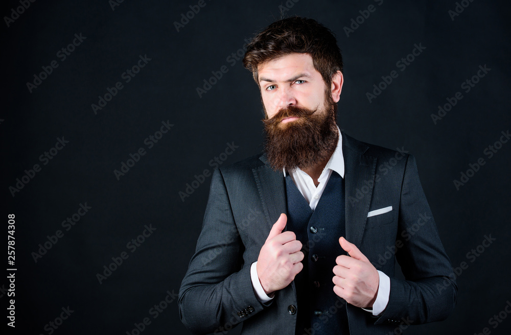 Impeccable style. Businessman fashionable outfit black background. Man ...