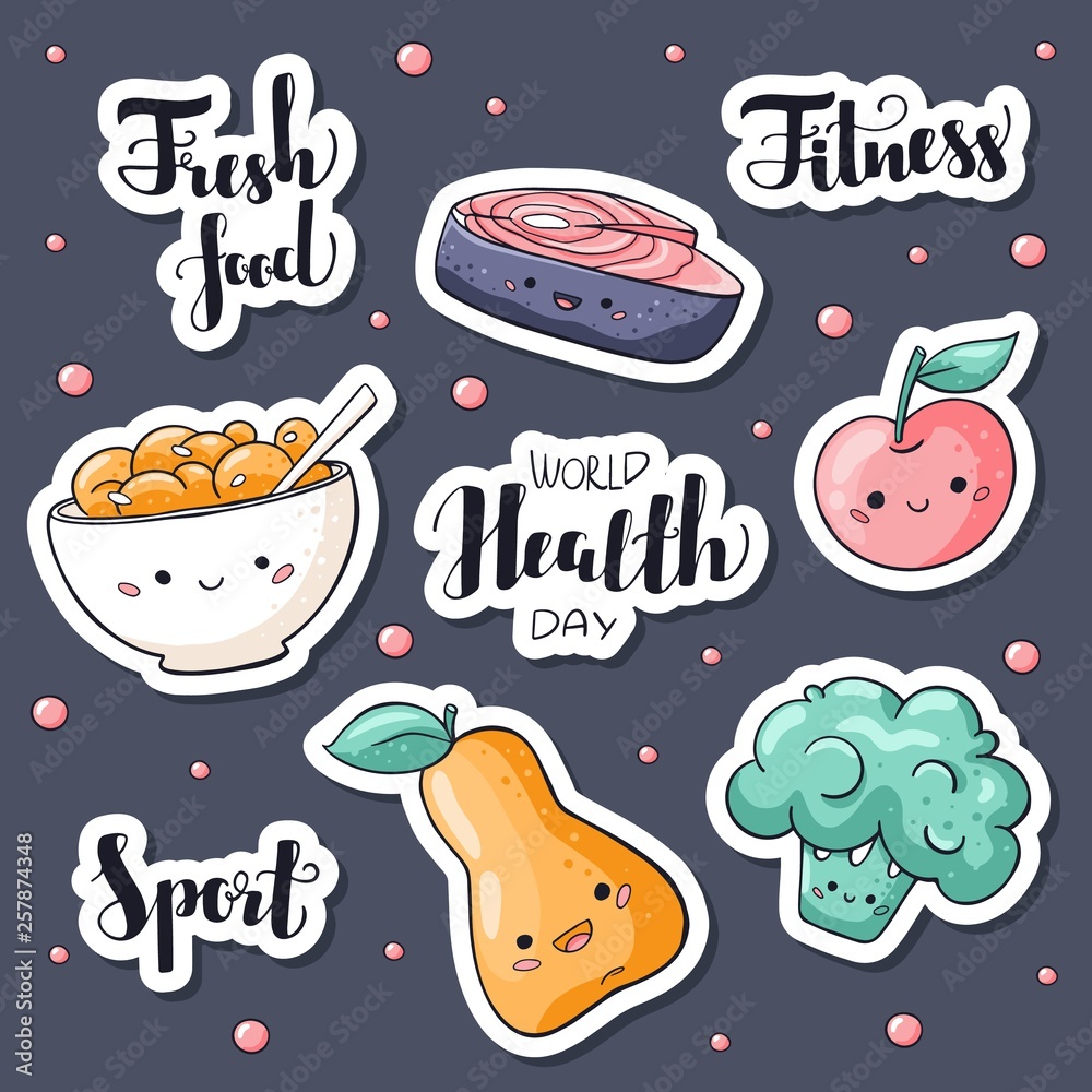 World health day stickers pack. World health day lettering. Fresh food ...