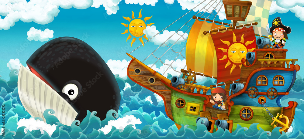 cartoon scene with pirate ship sailing through the seas with happy ...