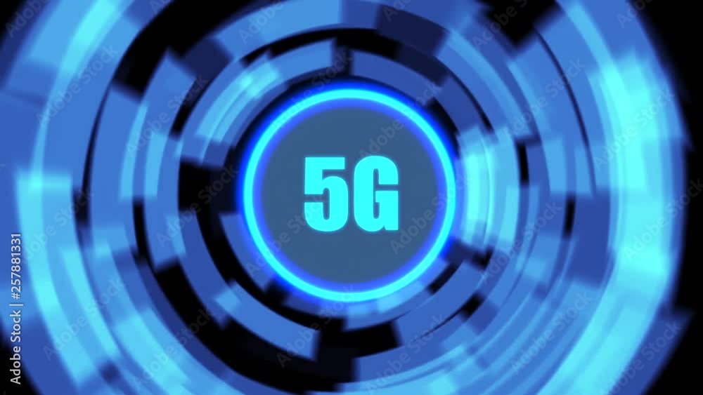 Animation 5G logo against rotating abstract blue background. High speed ...