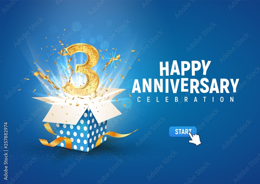 3 rd year anniversary banner with open burst gift box. Template third ...