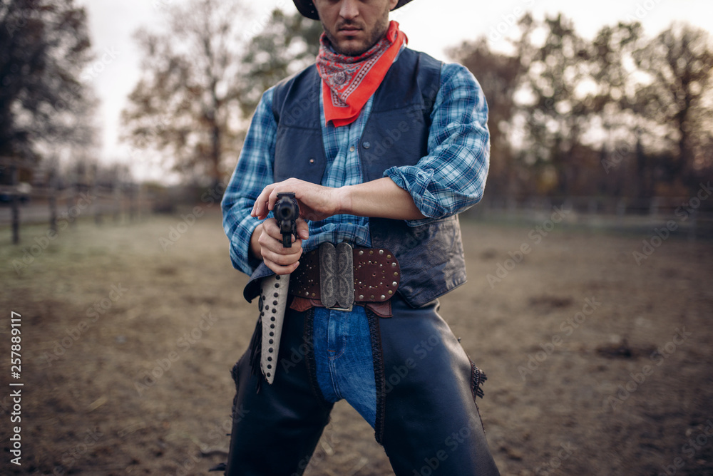 Cowboy with revolver, gunfight on ranch, western Stock Photo | Adobe Stock