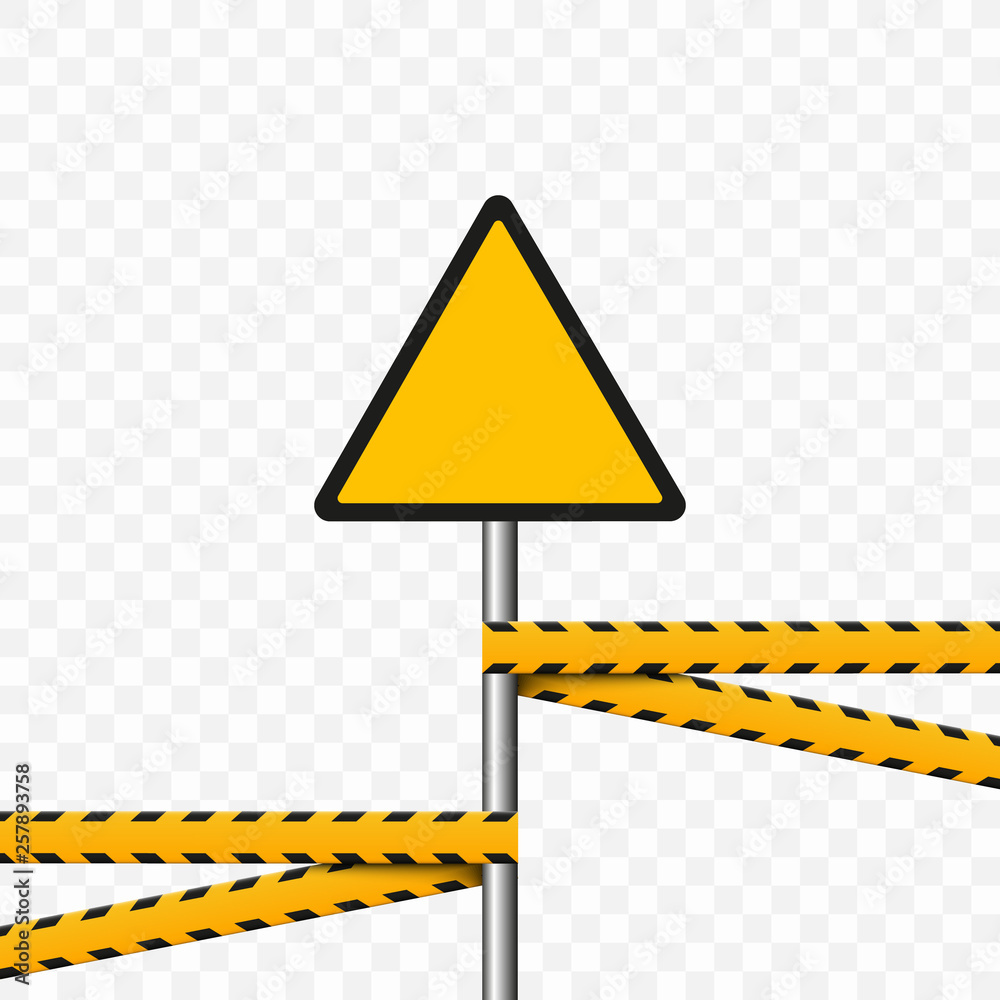 Danger. Badge on a pole and protective tapes. Warning sign. Yellow ...
