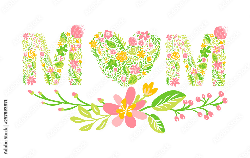 Floral summer word Mom. Flower Capital wedding Uppercase letters ...