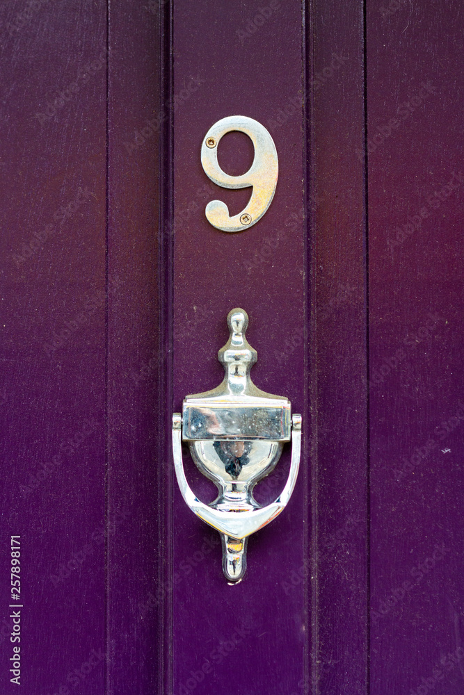 House number nine with the 9 in elegant curved design on a purple house ...