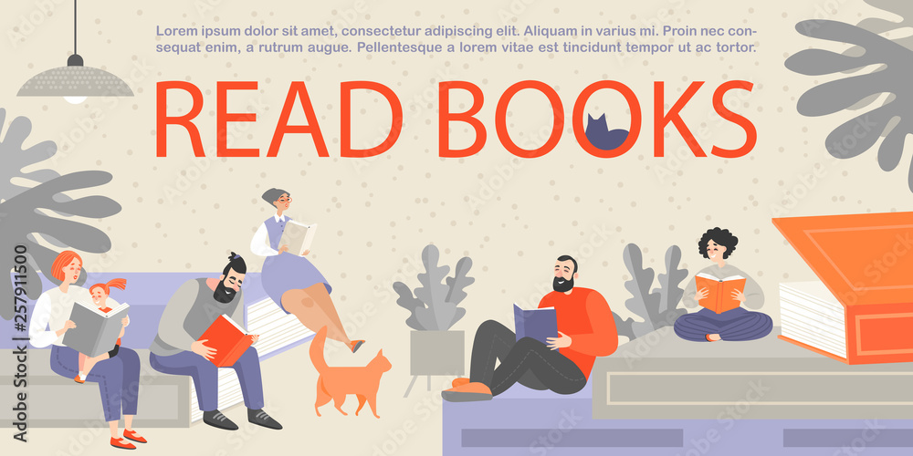 Banner with people sitting on huge books and reading. People of ...