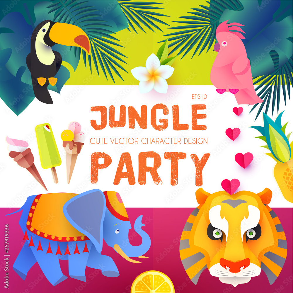Jungle Party. Cute Exotic Animals Design. Children Event Poster ...