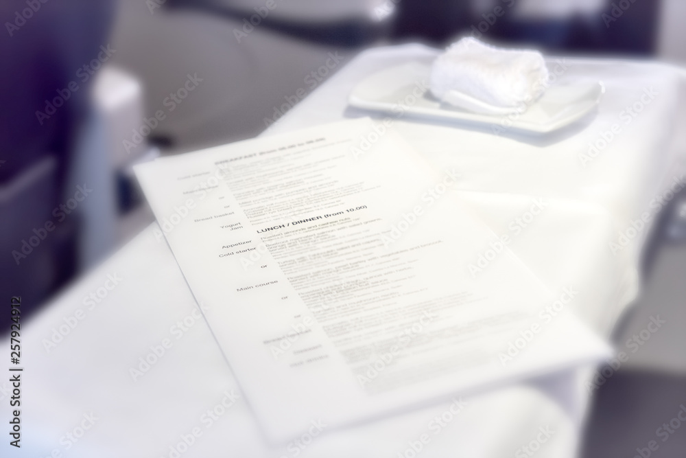 airline travel food menu in business first class cabin interior on ...