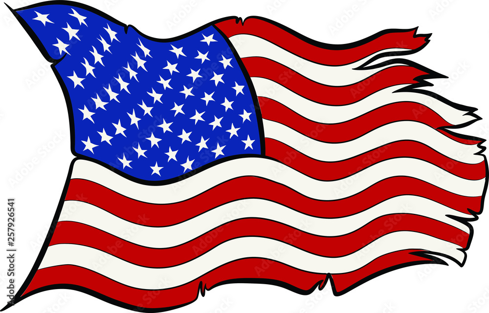 Hand drawn vector of USA flag waving torn and broken by the wind. Stock ...