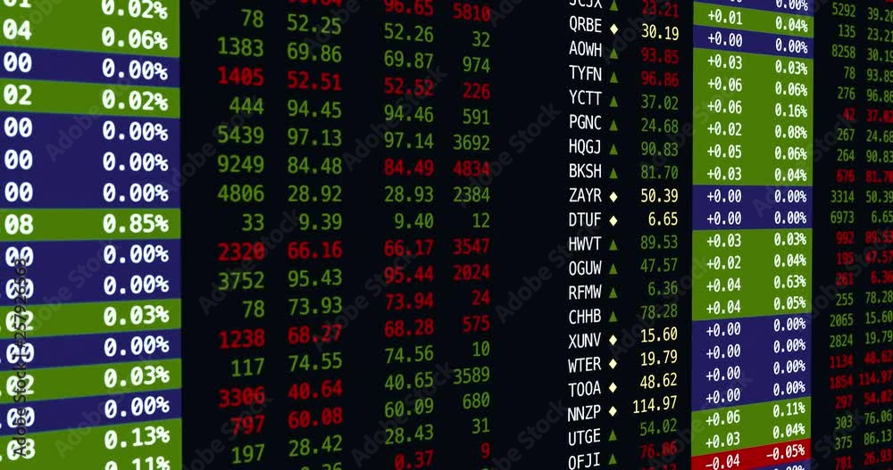 Emerging stock market trading quotes ticker board with random fictional ...