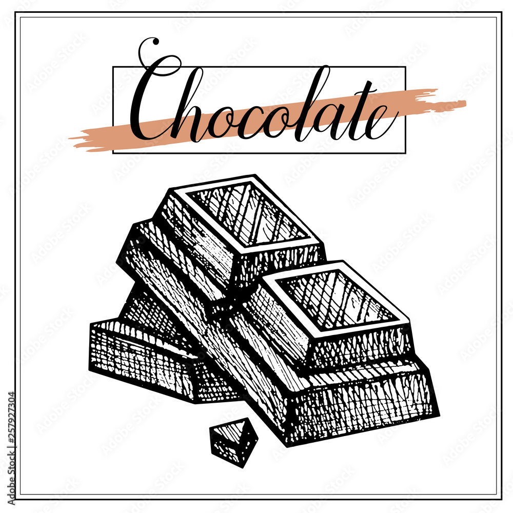 Hand drawn sketch of chocolate.Hand drawn chocolate bar broken into ...