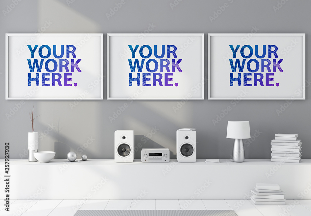 3 Horizontal Poster Frames on Wall Mockup Stock Template | Adobe Stock
