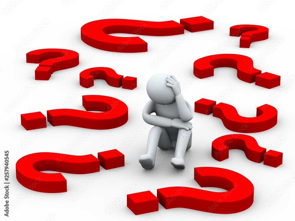 3d confused person between question mark symbols Stock Illustration ...