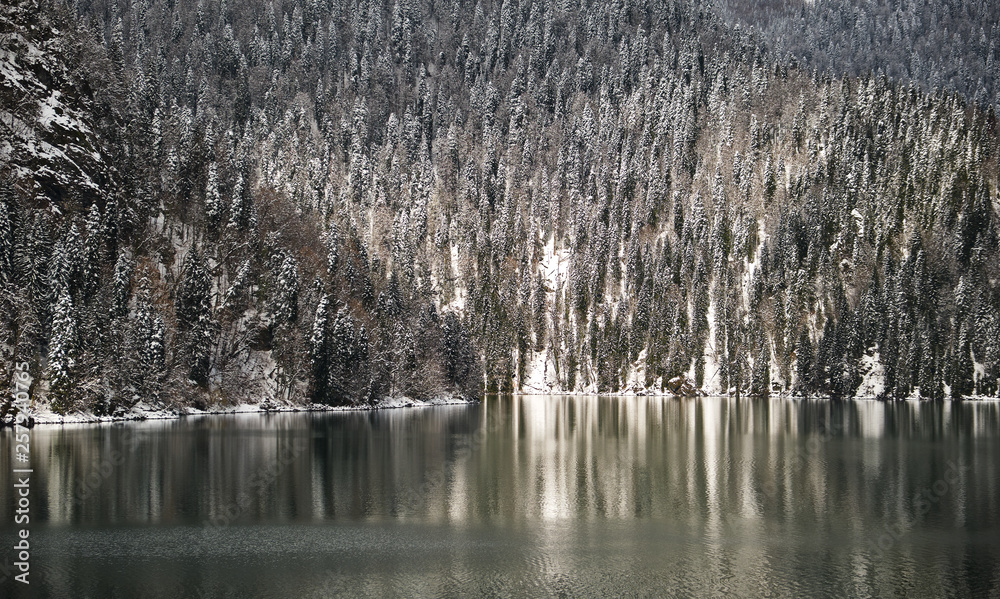 Beautiful mountain Lake Ritsa. Lake Ritsa in the Caucasus Mountains, in ...
