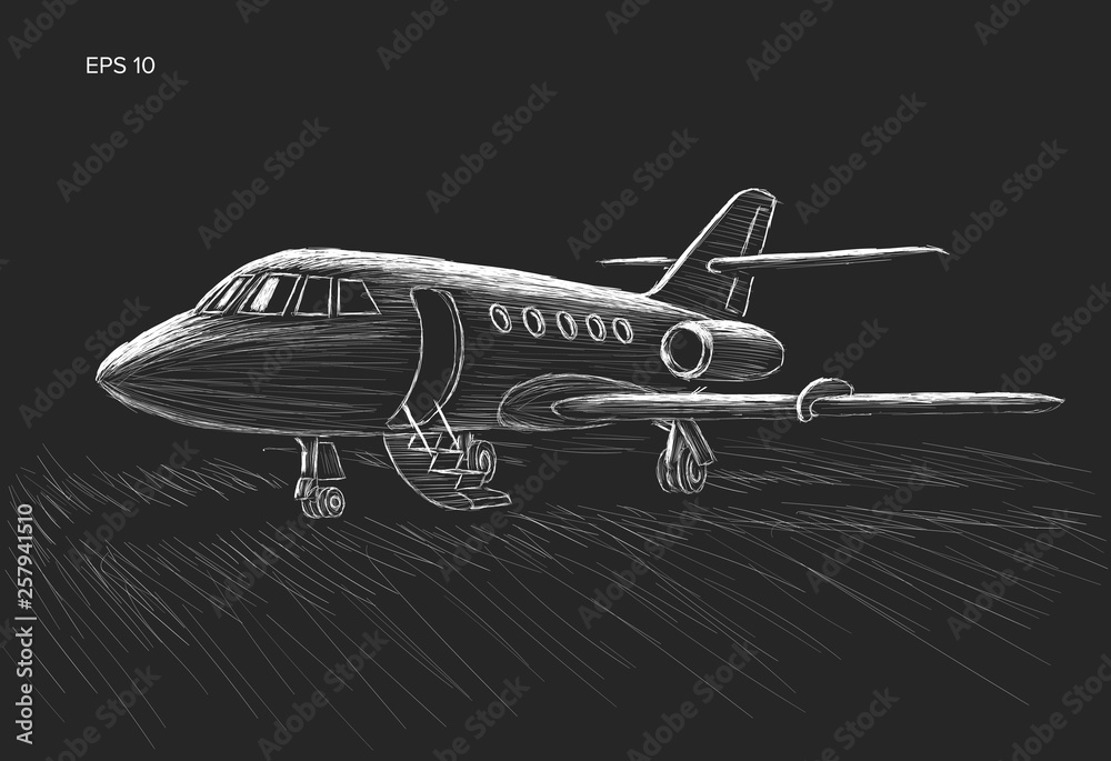 Private jet vector hand drawn sketch. Business jet illustration chalk ...