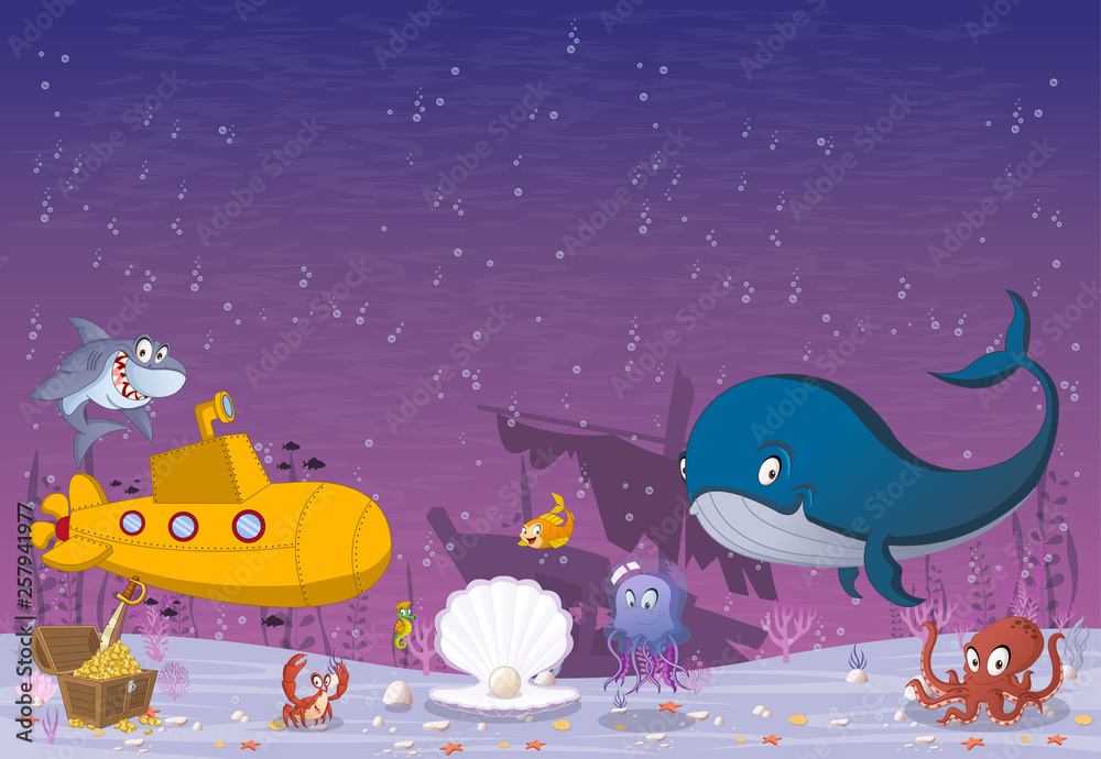 Cartoon underwater world with corals, fish and ocean creatures. Stock ...