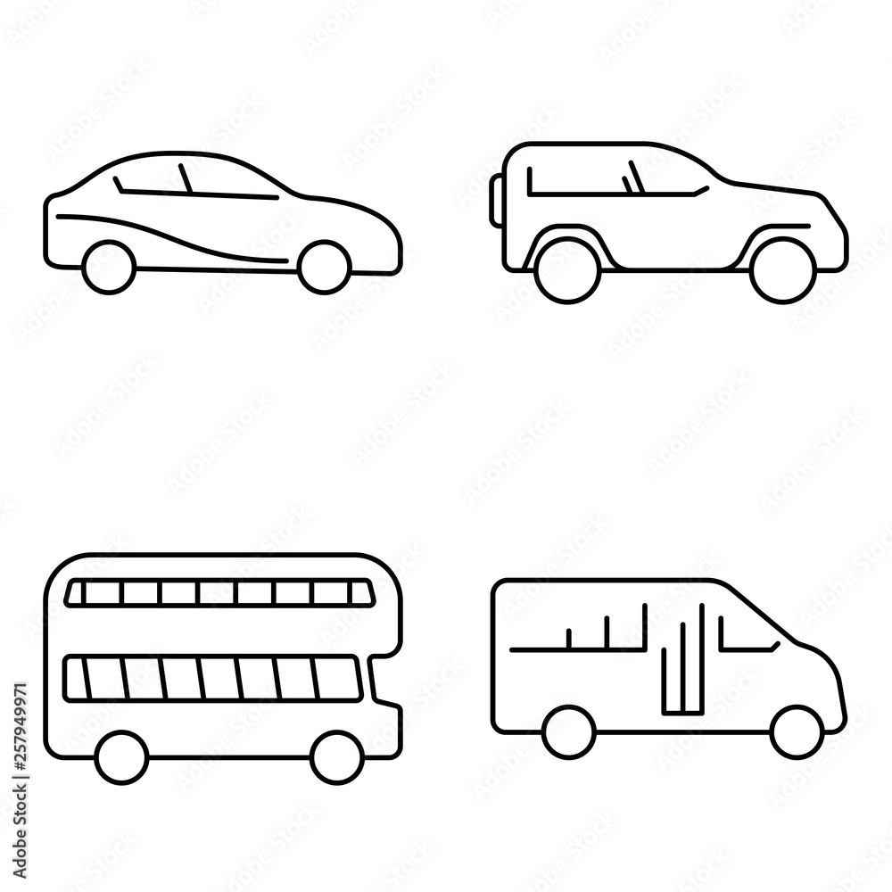 Simple set of public transport vector thin line icons. Car auto truck ...