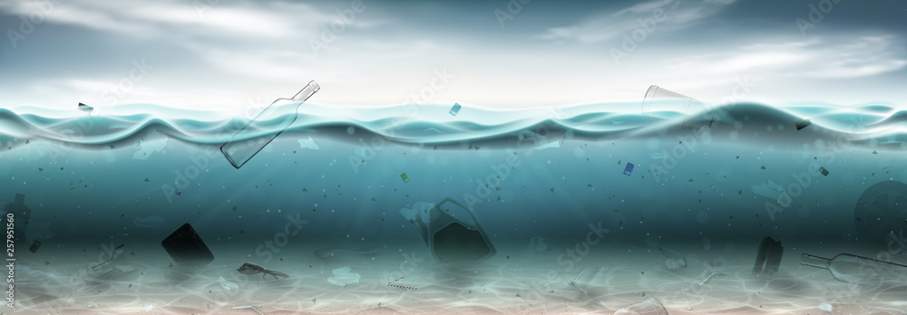 Vector background with polluted sea water. Different garbage floating ...