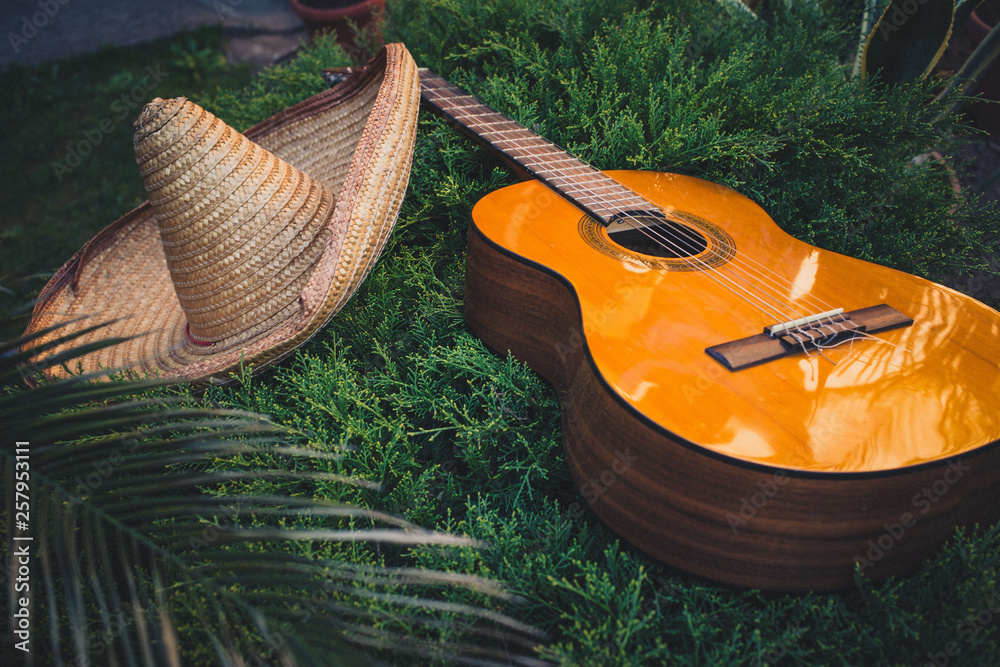 Guitar and sombrero hat as Mexican symbols. Cinco de Mayo concept Stock ...