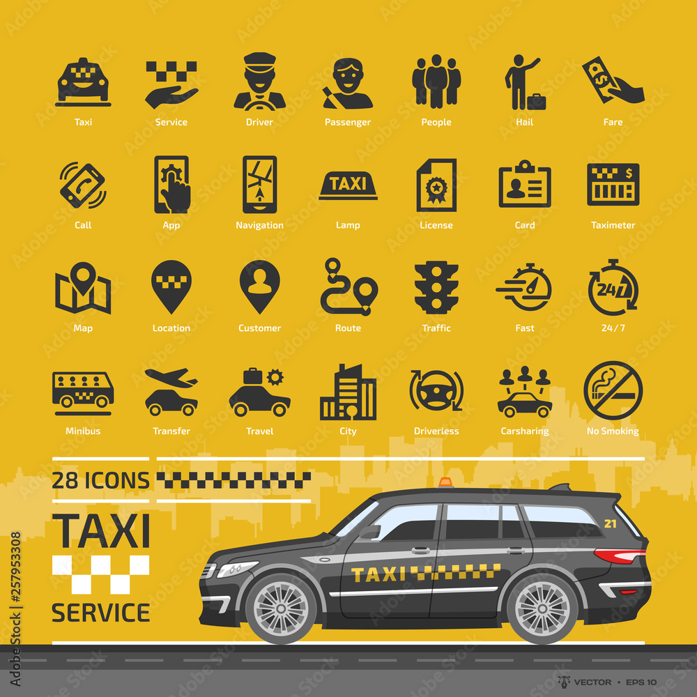 Taxi cab car service glyph icon set on a yellow background with black ...