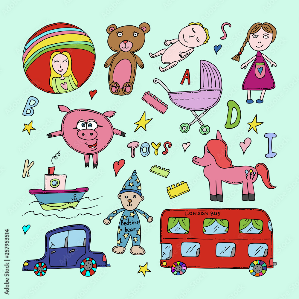 Childrens drawings cute toys for game sketch with color doodles kid's ...