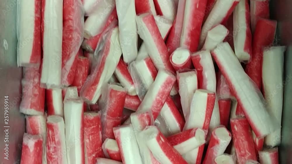 Frozen crab sticks in local store. General top view in grocery. Healthy ...