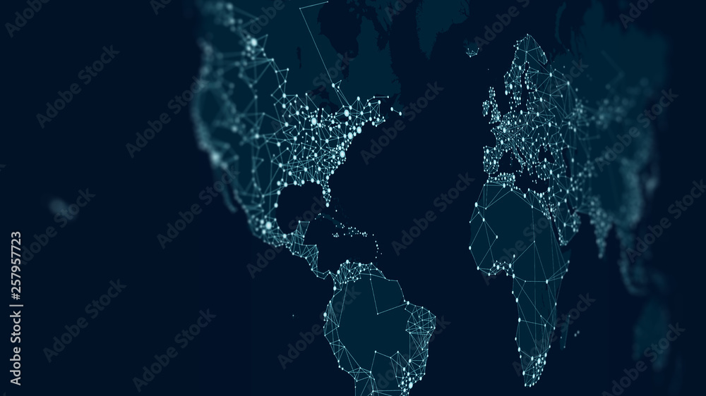 Communications network map of the world, monitor screen in perspective ...