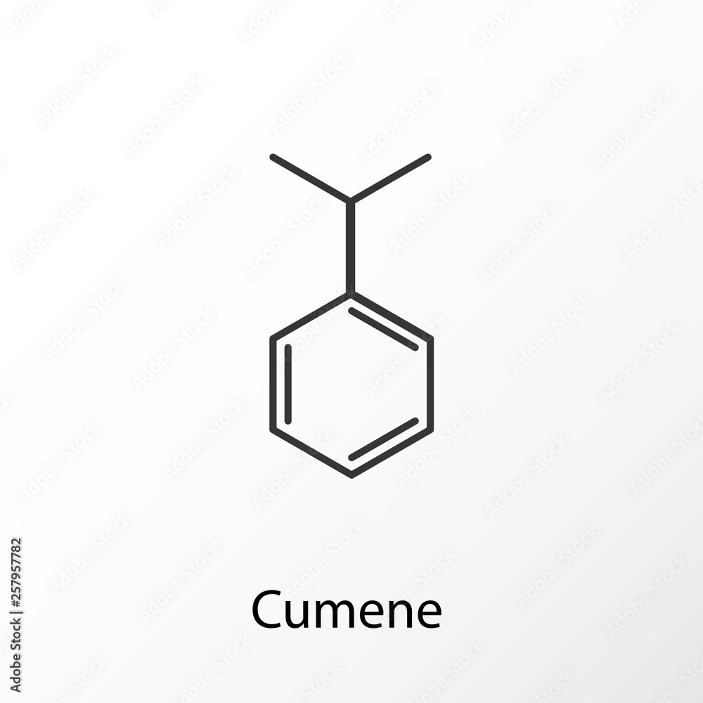Cumene (isopropylbenzene) aromatic hydrocarbon molecule. Skeletal ...